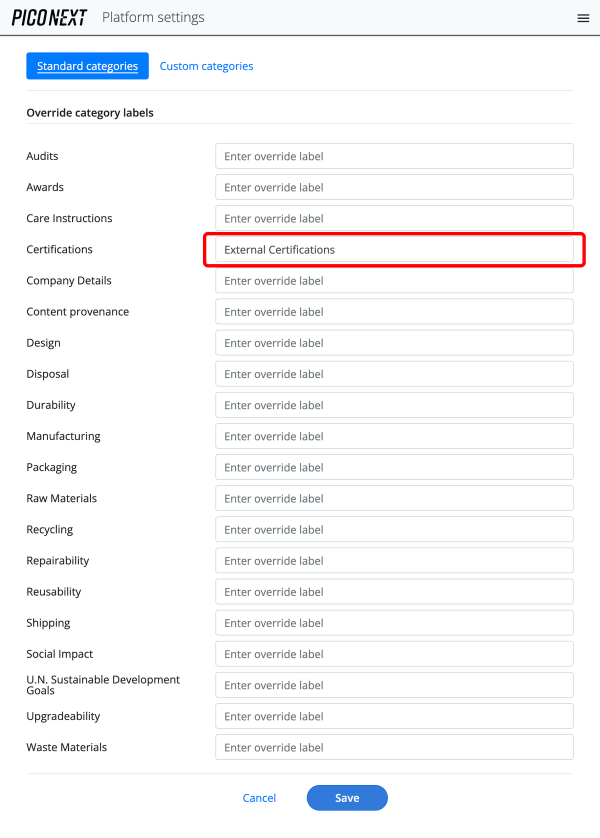 Customizing DPP categories and attributes - PicoNext