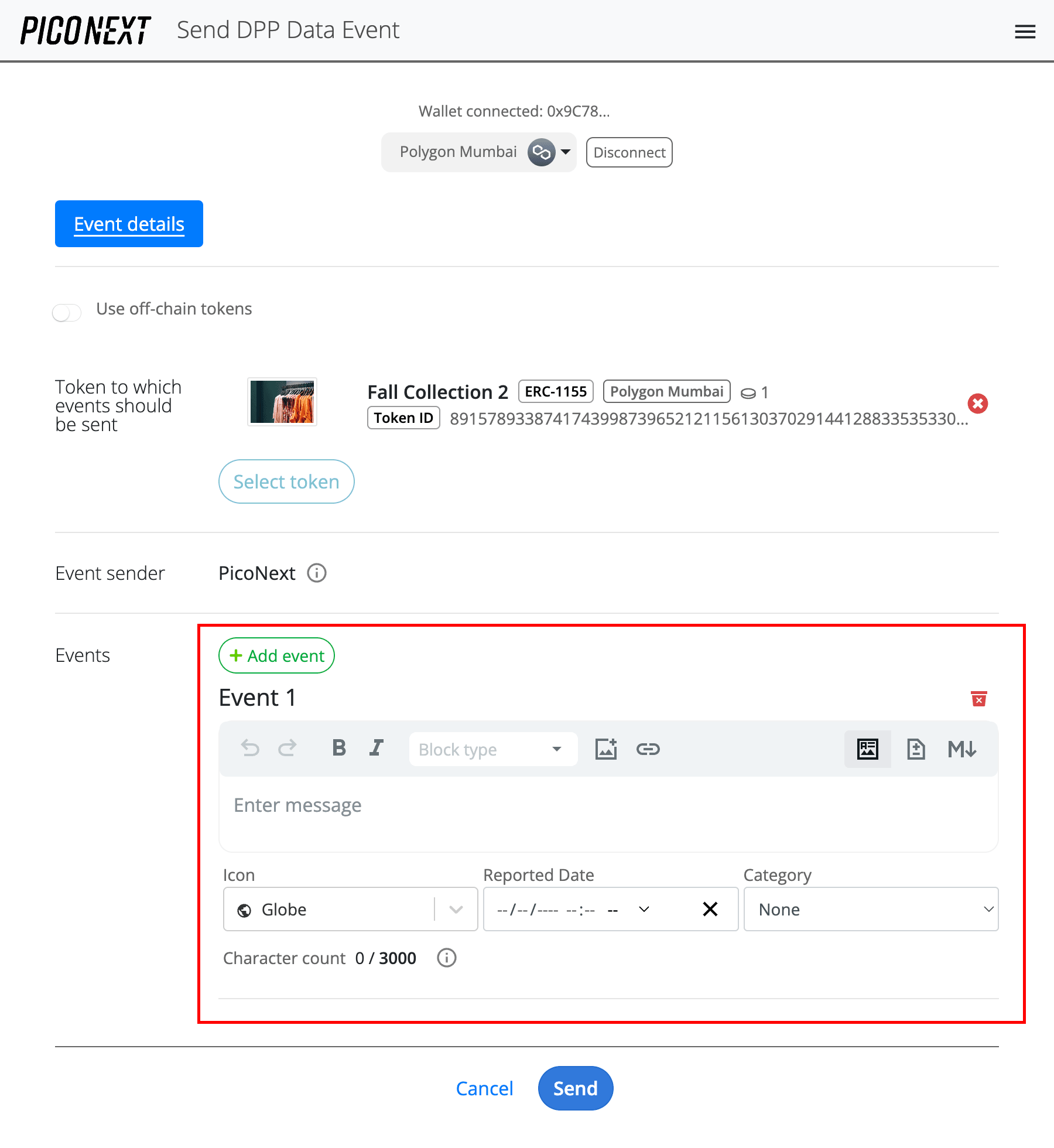 Send a blockchain DPP Data Event - PicoNext