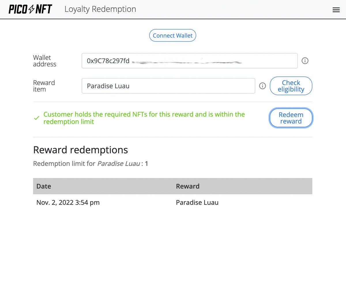 PicoNext - Support - Redeem loyalty reward via admin console